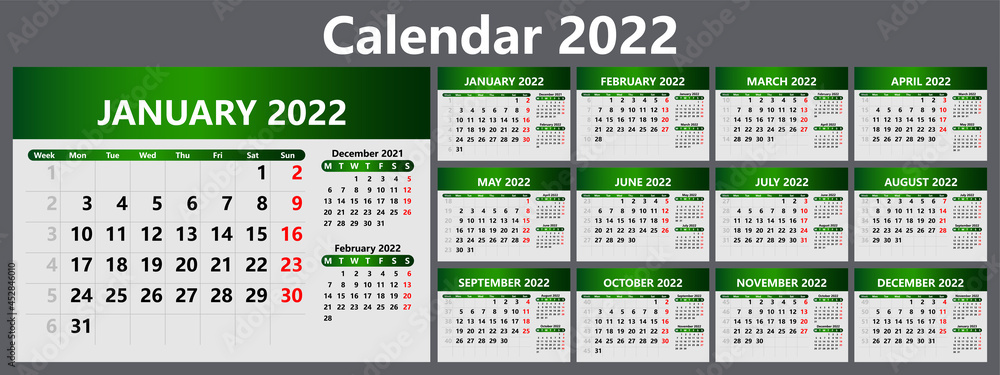 Planner calendar for 2022 with week numbers. Template for a wall ...