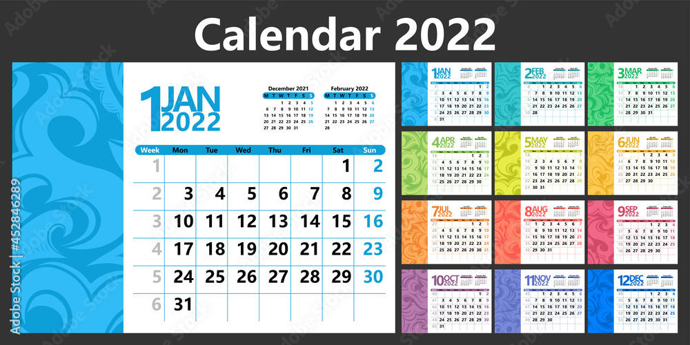 Planner calendar for 2022 with week numbers. Template for a wall ...