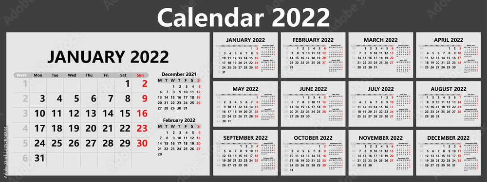 Planner calendar for 2022 with week numbers. Template for a wall ...