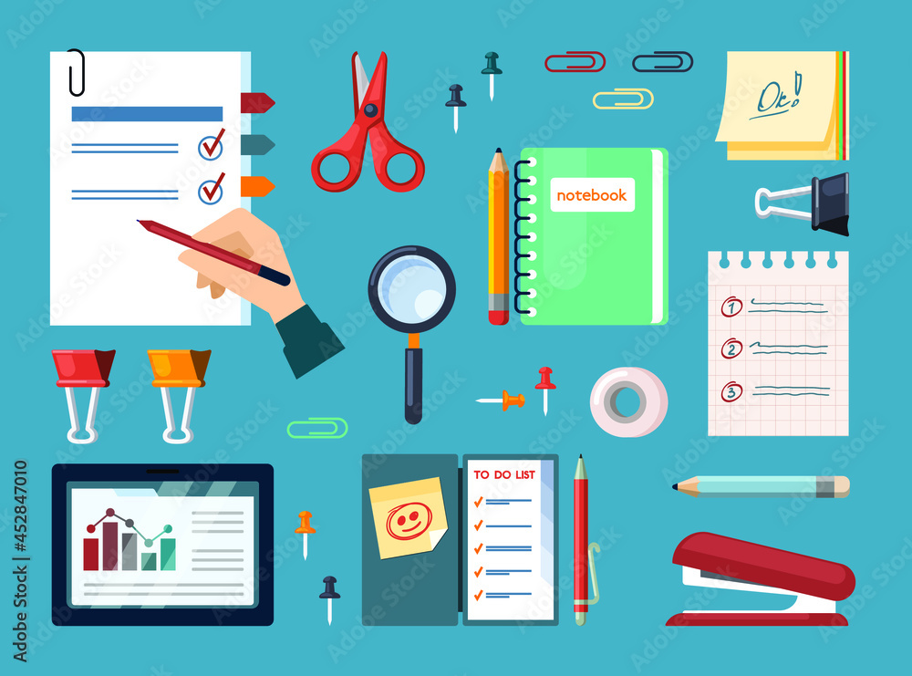 Office supplies with business calculations set. Documents and tools for ...