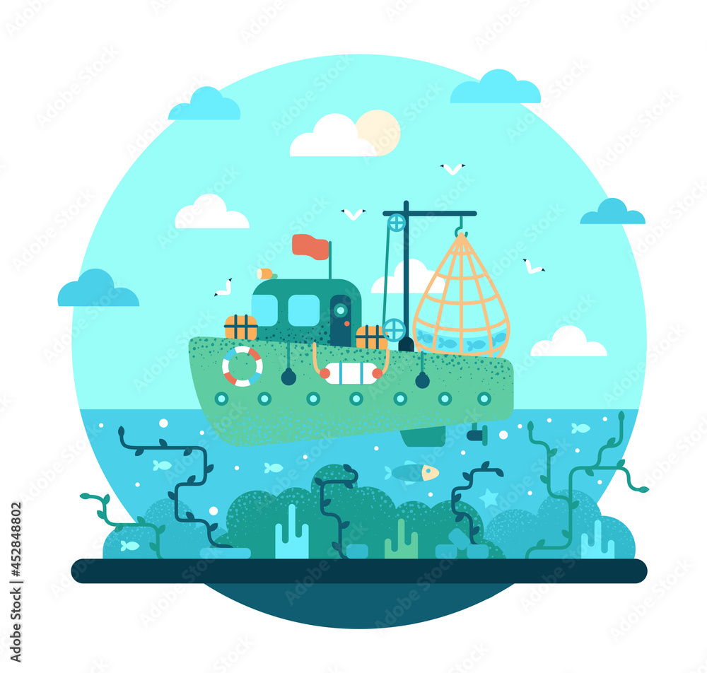 Fishing boat with net full of fish in the sea. Vector cartoon ...