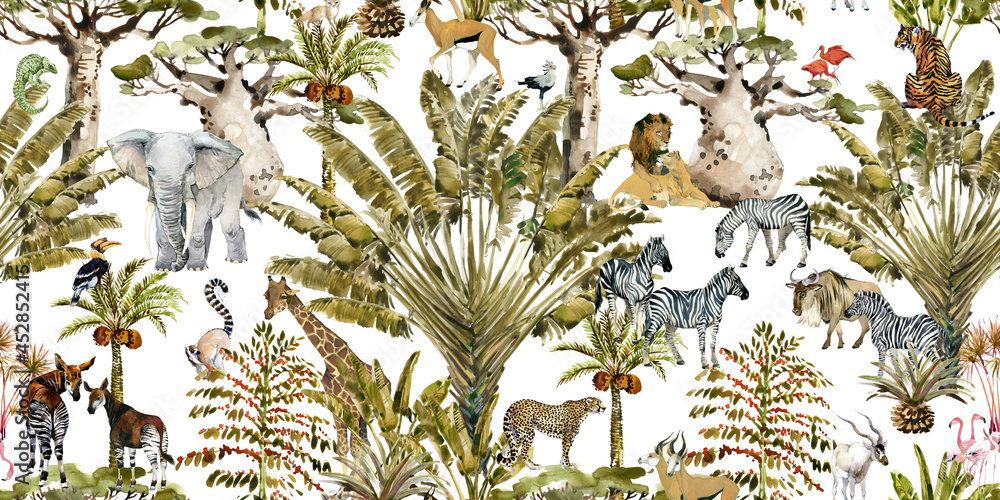 Safari Wildlife Seamless pattern. wild animal in Exotic African Plants ...