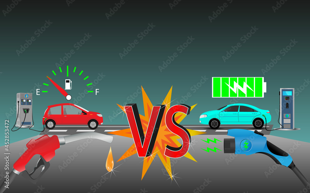Gasoline cars vs electric cars. Flat vector illustration of a blue ...