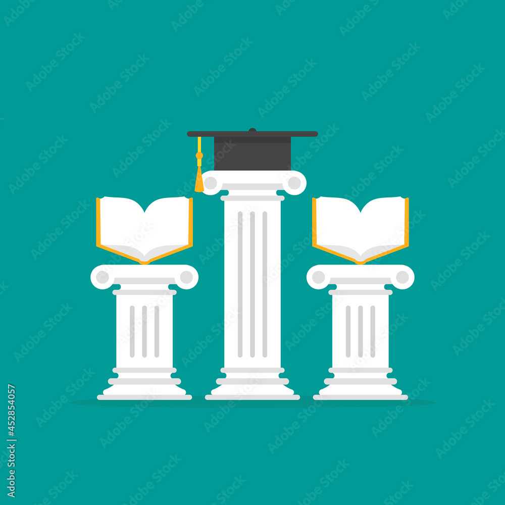 Greek column with mortar board and books. Antique pillar and graduation ...