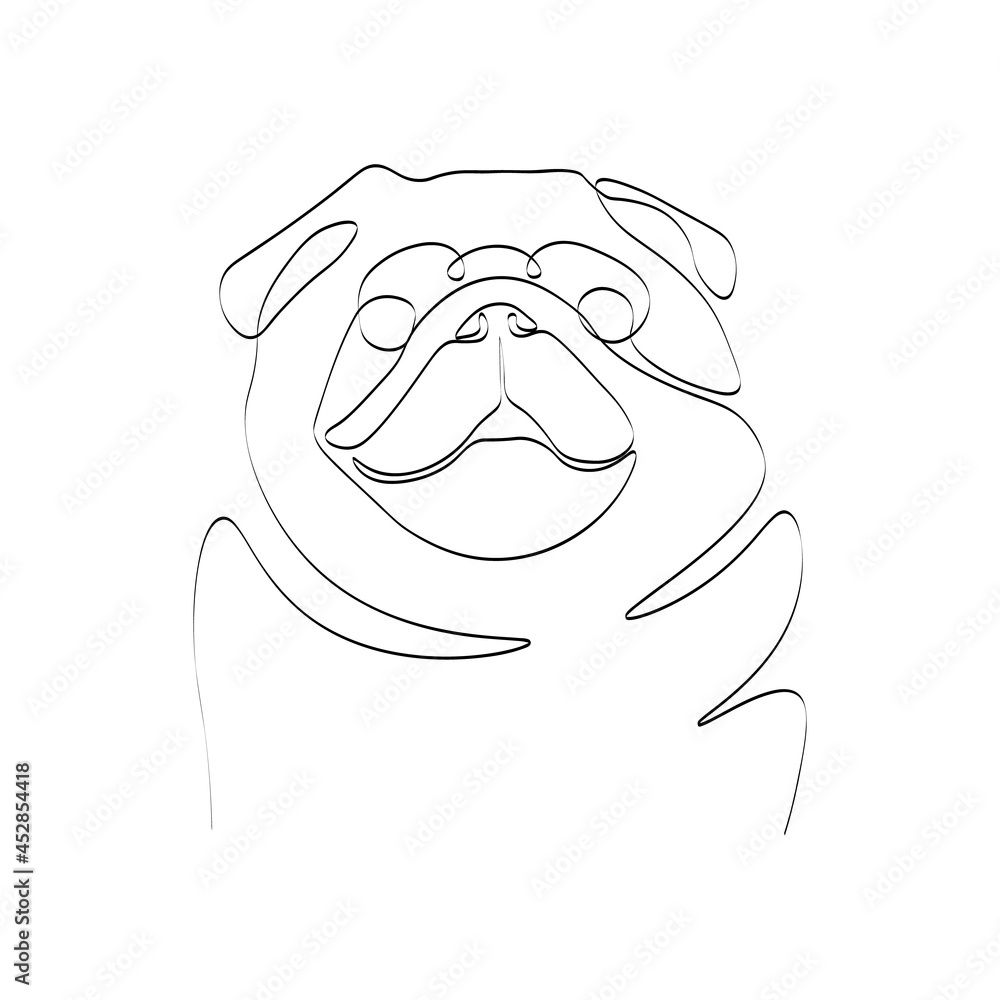 Continuous one line drawing with cute pug. Contemporary vector ...