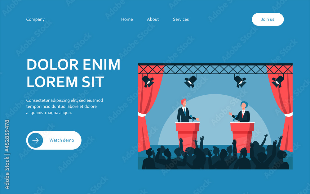 Two politicians taking part in political debates in front of audience ...