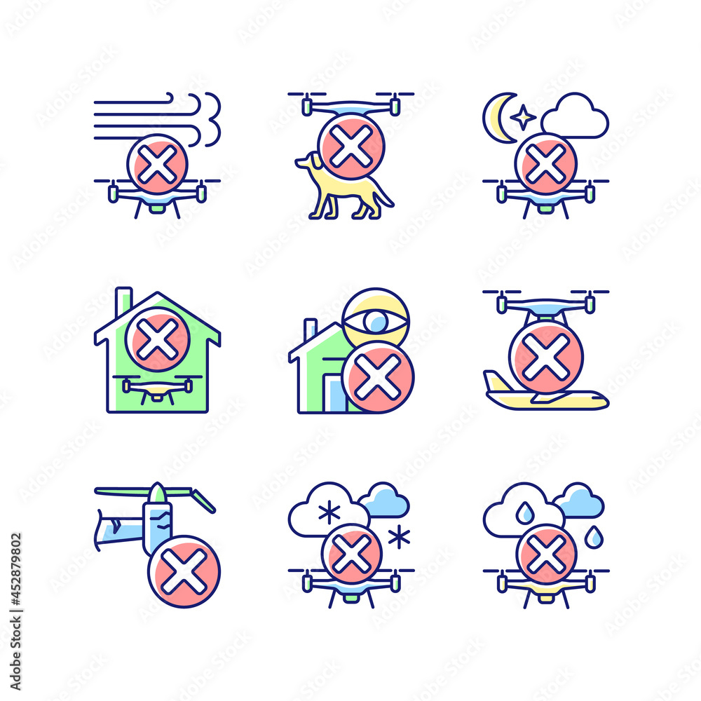 Drone restrictions RGB color manual label icons set. No spying. Pet ...