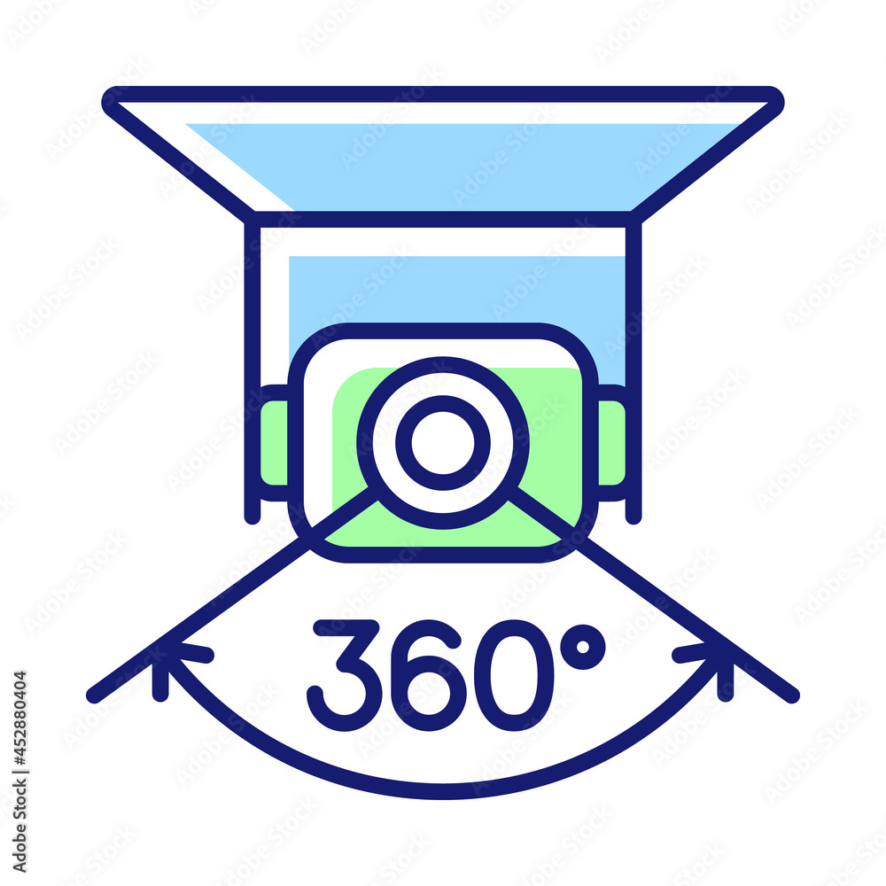 Full camera rotation RGB color manual label icon. Shoot aerial ...