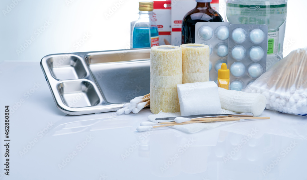 Wound care dressing set and stainless steel plate, forceps, cotton ...
