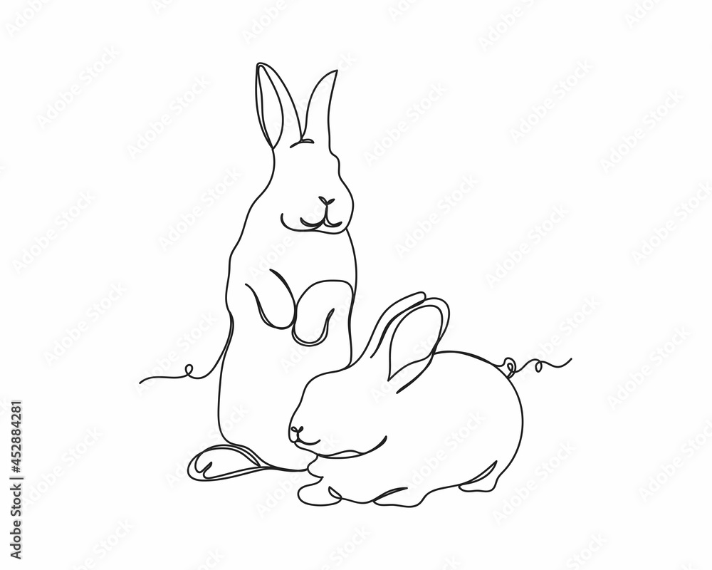 Continuous one line drawing of rabbits icon in silhouette on a white ...