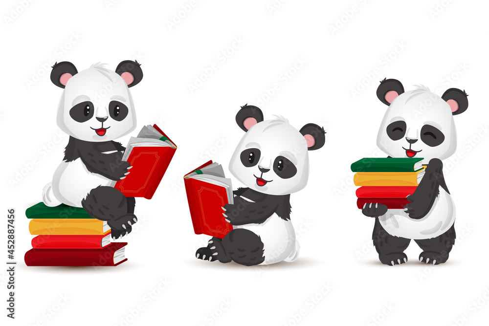 Funny panda reads a book.Cartoon style set. Vector ,illustration ...