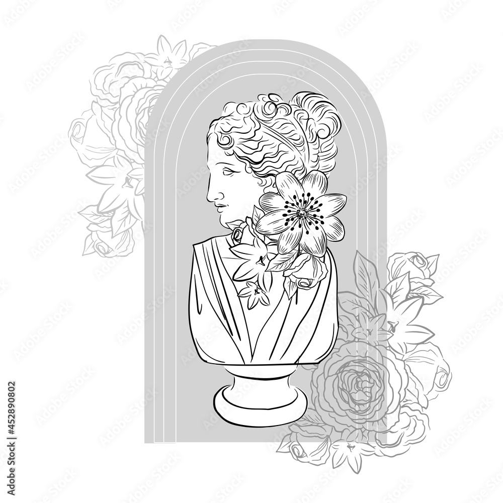 Ancient Greek goddess statue in a continuous line and flowers. Vector ...