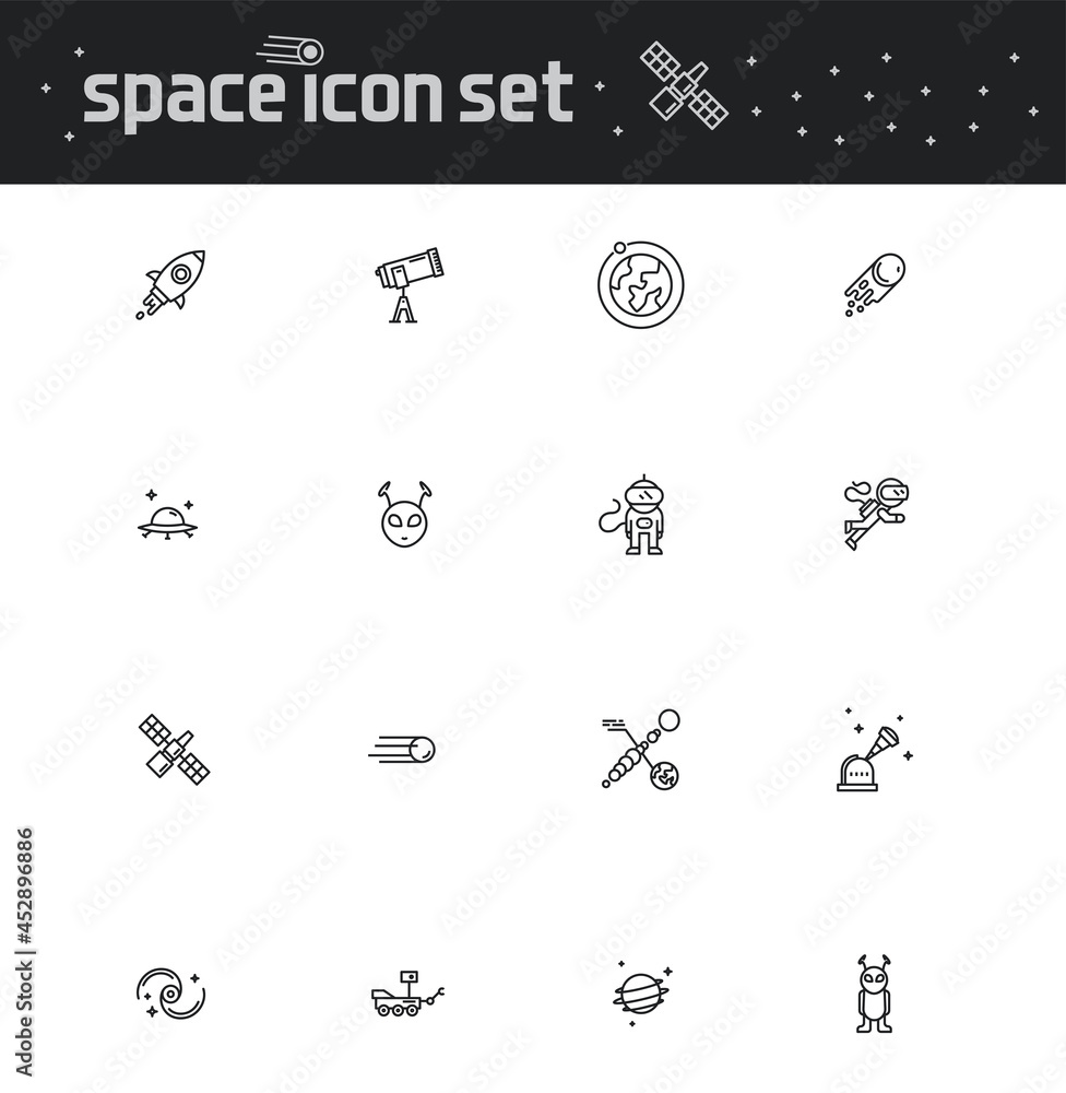 Set of space icons. Collection of outline style vector symbols of space ...