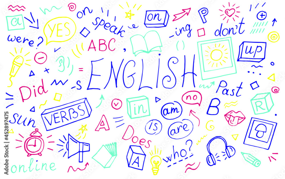 English language learning concept vector illustration. Doodle of ...
