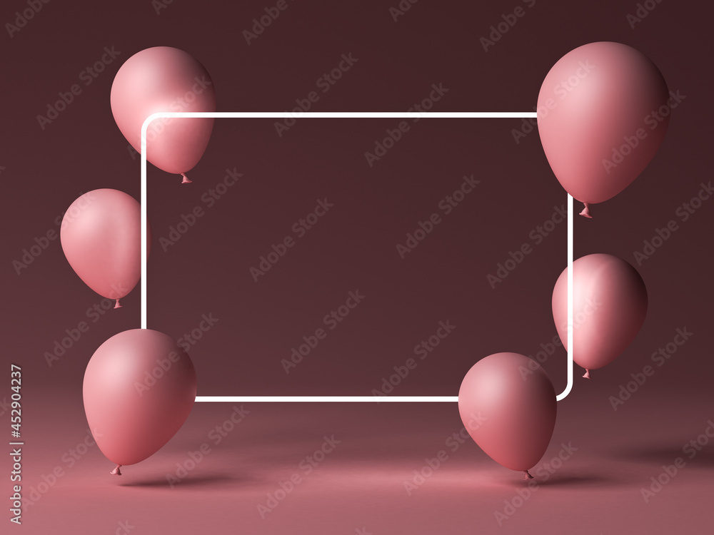 Blank neon light frame and pink balloons isolated on dark pink pastel ...