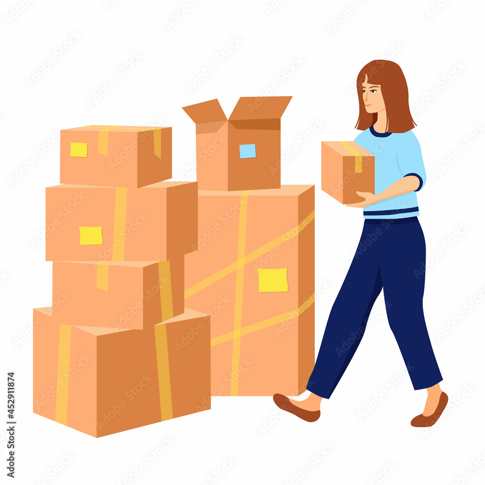 The girl carries a cardboard sealed box. Cardboard packaging boxes ...