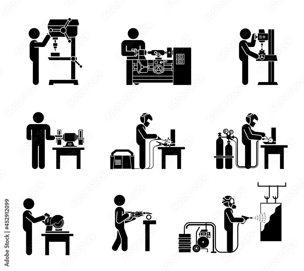 Pictograms Icon collection of electric machine tools for metal, plastic ...