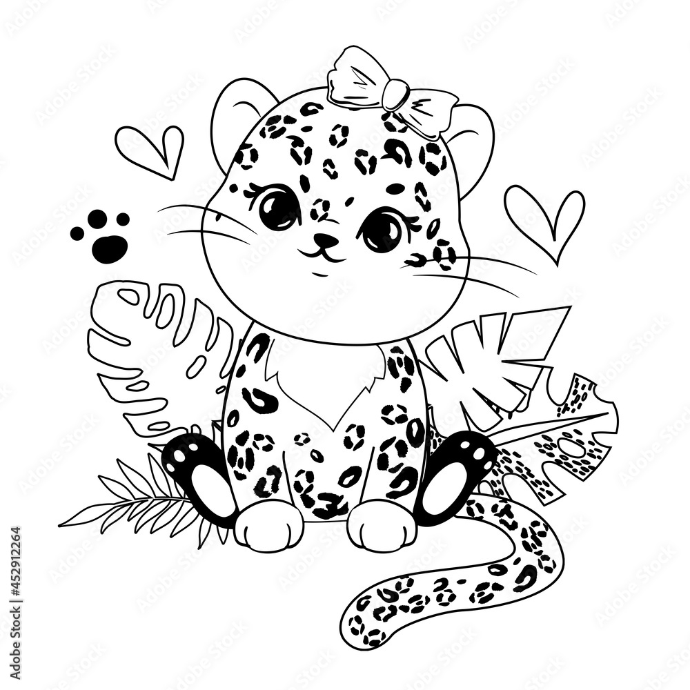 Cute summer leopard drawn with one line. Coloring book for children ...