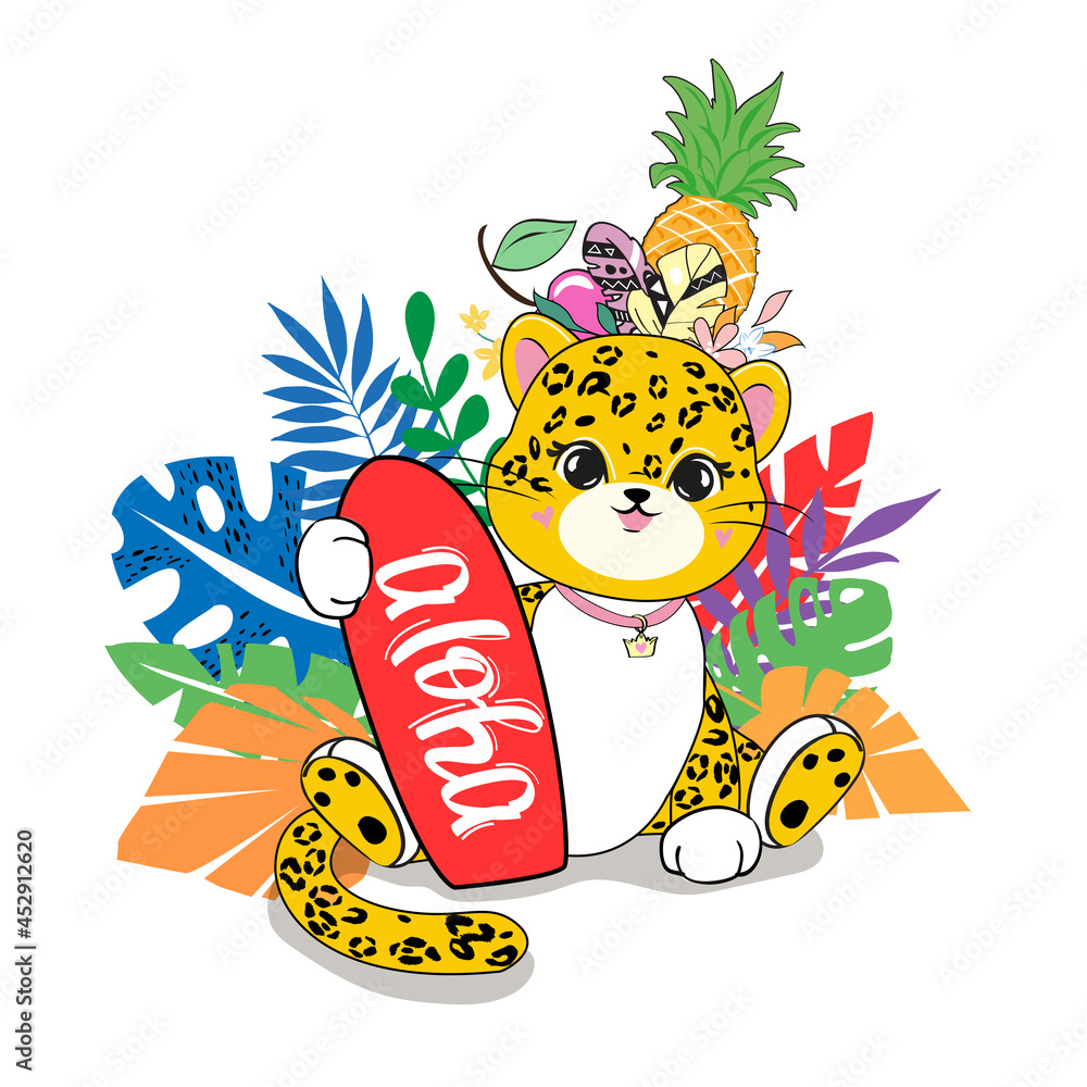 Cute cartoon summer leopard with surfboard and aloha lettering. Vector ...