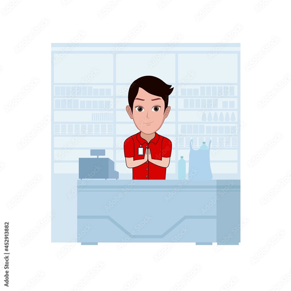 Cartoon carricature of a man is working as a cashier at a supermarket ...