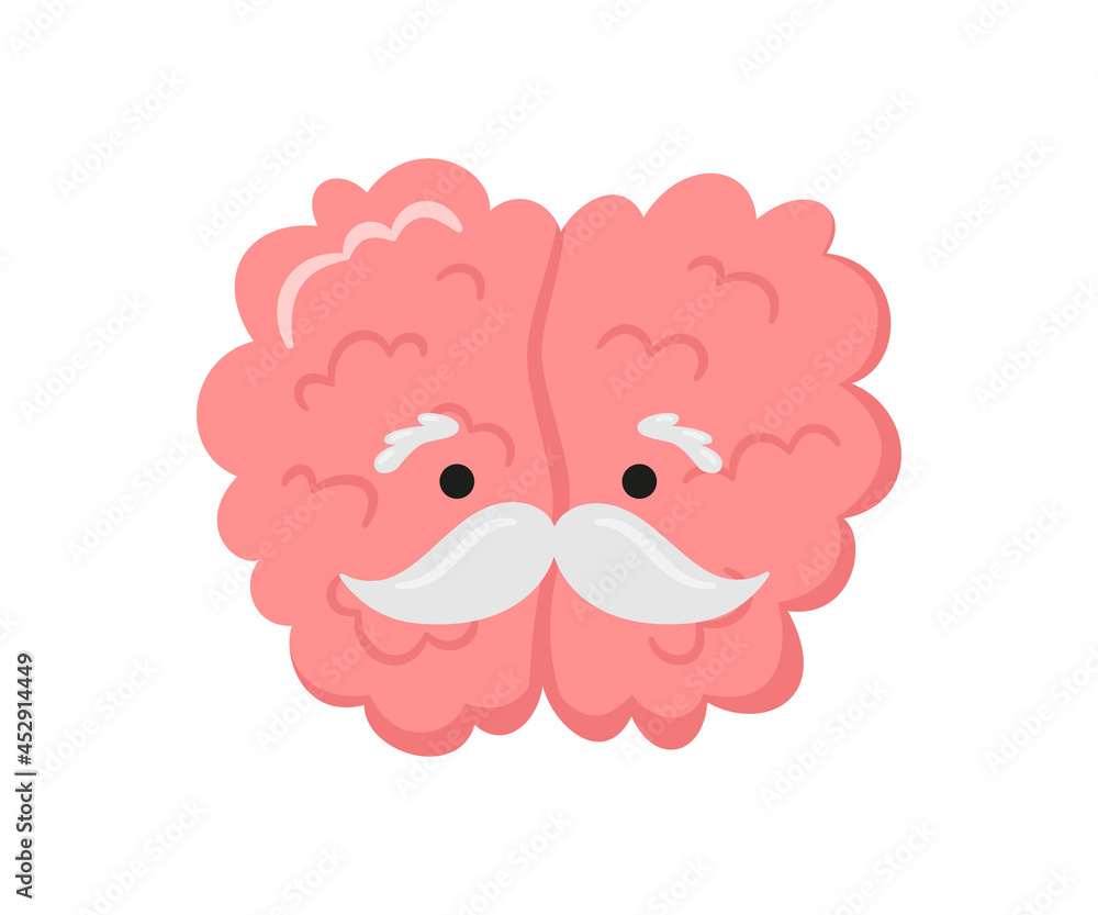 A kawaii old brain character with a gray mustache. Symbol of alzheimer ...
