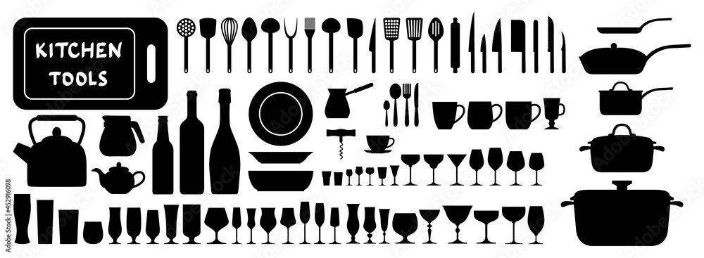 Kitchen tools collection set. Vector isolated black elements for web ...