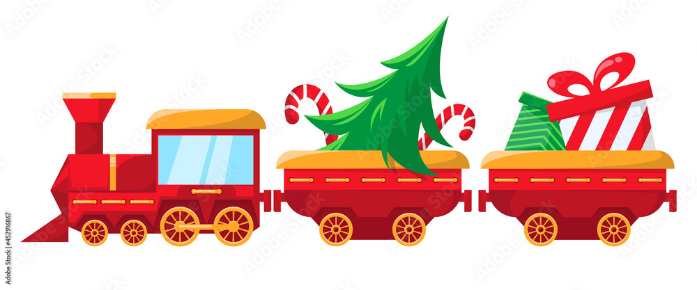 Christmas train is bringing gifts, tree and candy. Winter holiday clip ...