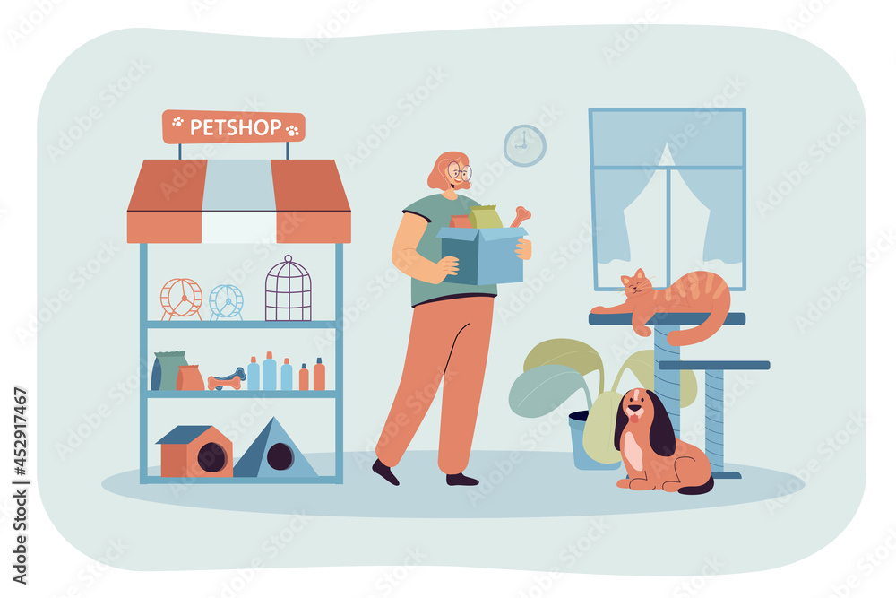 Young cartoon girl working in small petshop. Supermarket or store with ...