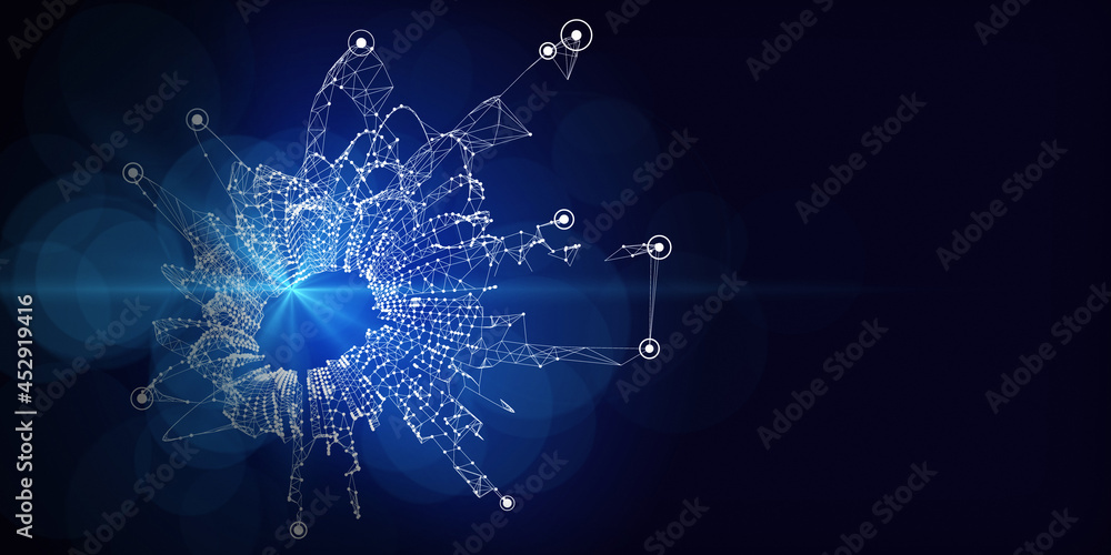 Abstract technology background with polygonal grid analyze and spot. Analytics algorithms data ...