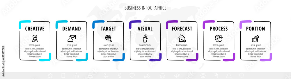 Business vector hand-drawn infographics with seven rectangles and icons ...