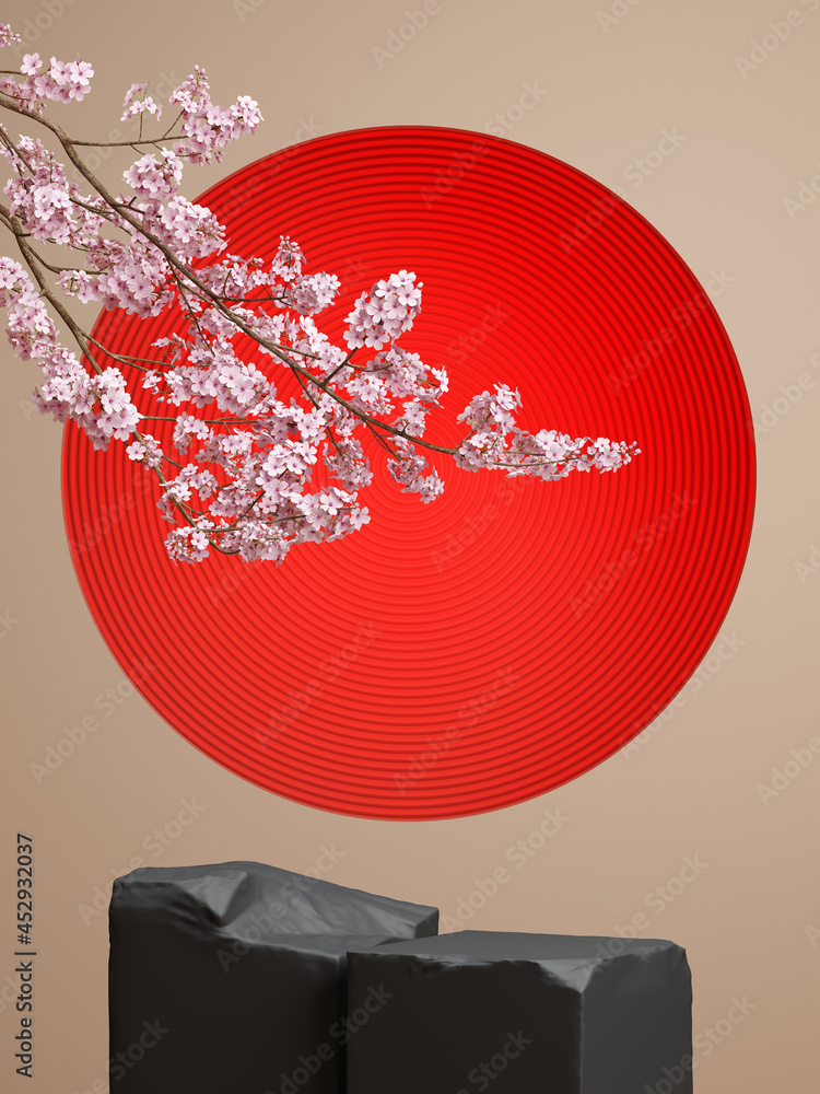 japanese style minimal abstract background .podium with cherry bossom ...