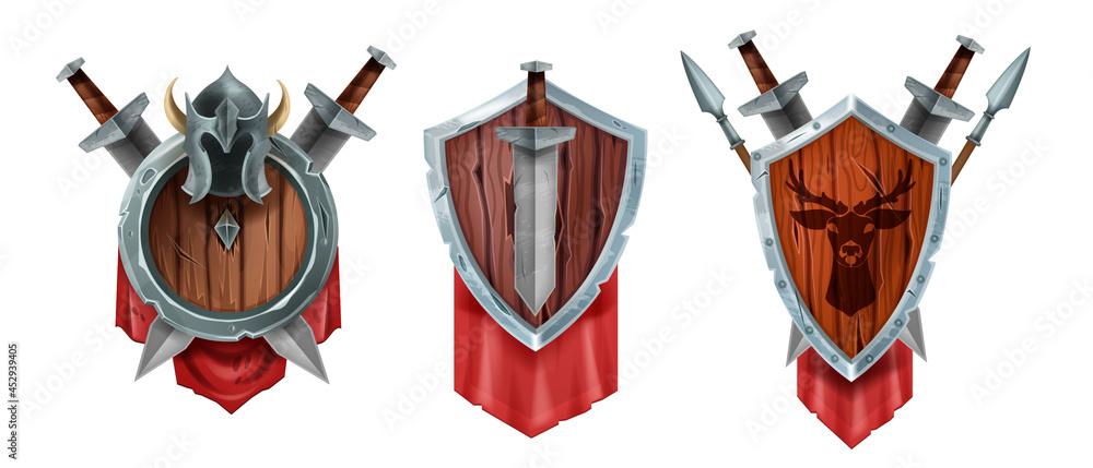 Game badge vector icon rank illustration set, medieval wooden trophy ...