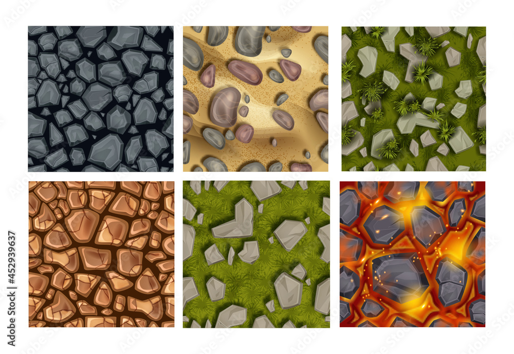Game ground seamless pattern set, vector stone texture kit, rock, lava ...
