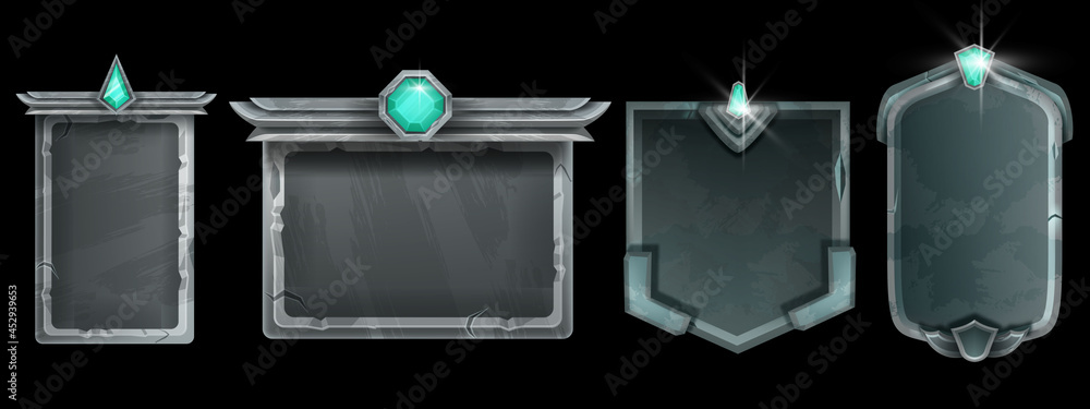 Game Stone Frame Ui Vector Background Set Medieval Interface Menu Panel Kit Green Gemstone