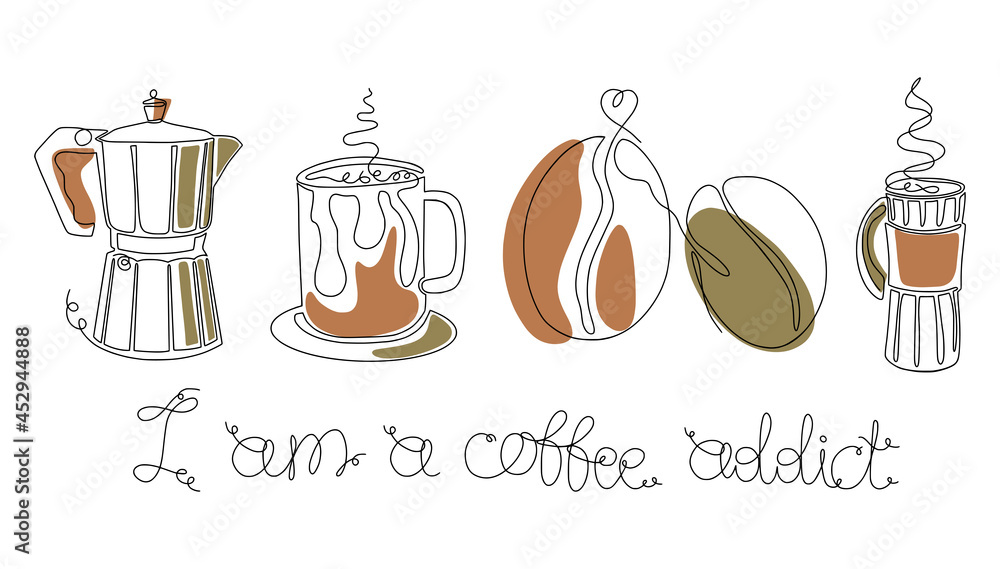 I am a coffee addict in continuous one line style with mug, coffee cup ...