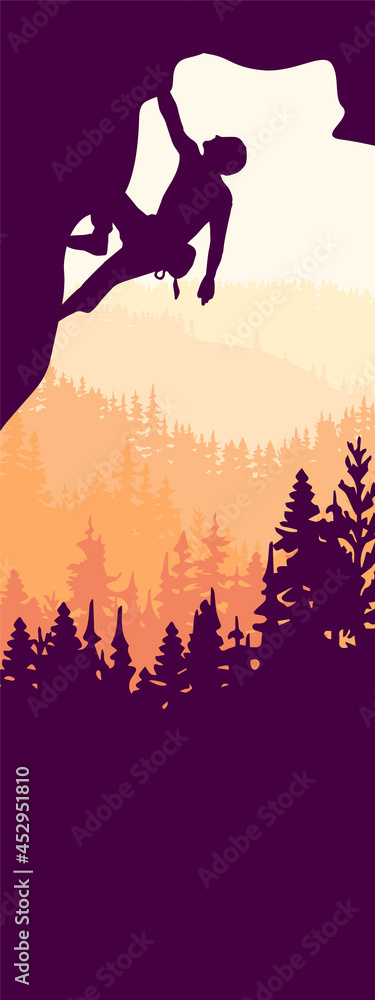 Vertical banner of man climbing rock overhang. Mountains and forest in ...