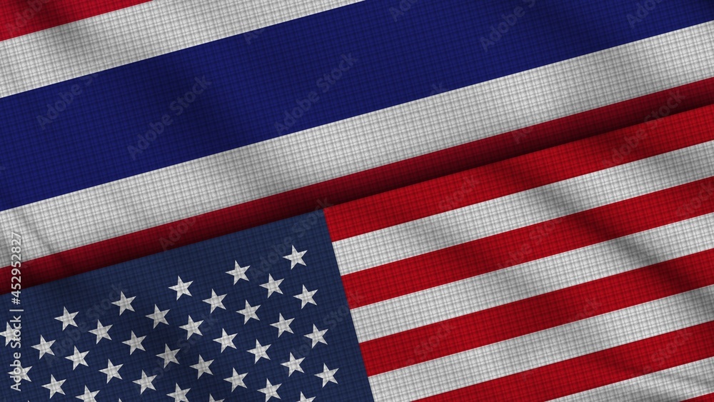Thailand and USA United States of America Flags Together, Wavy Fabric ...
