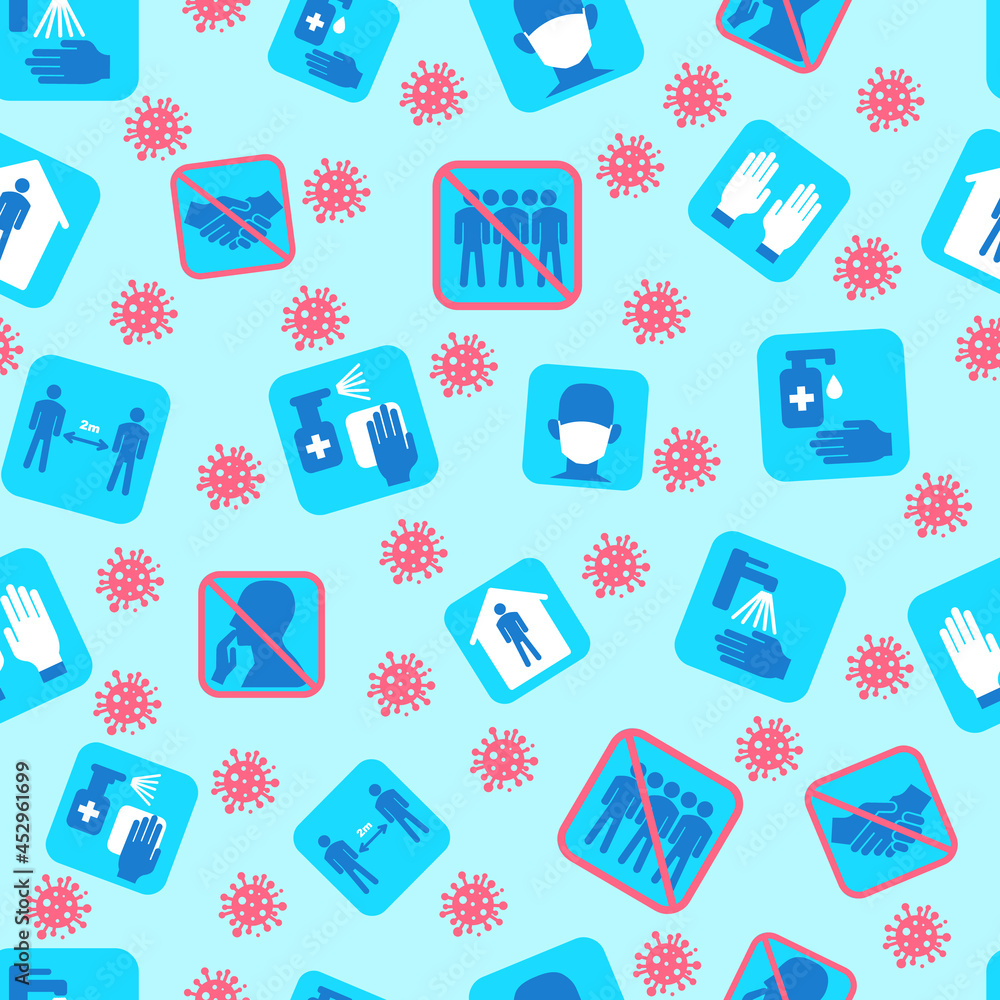Seamless pattern of icons that prevent coronavirus. Safety precautions ...