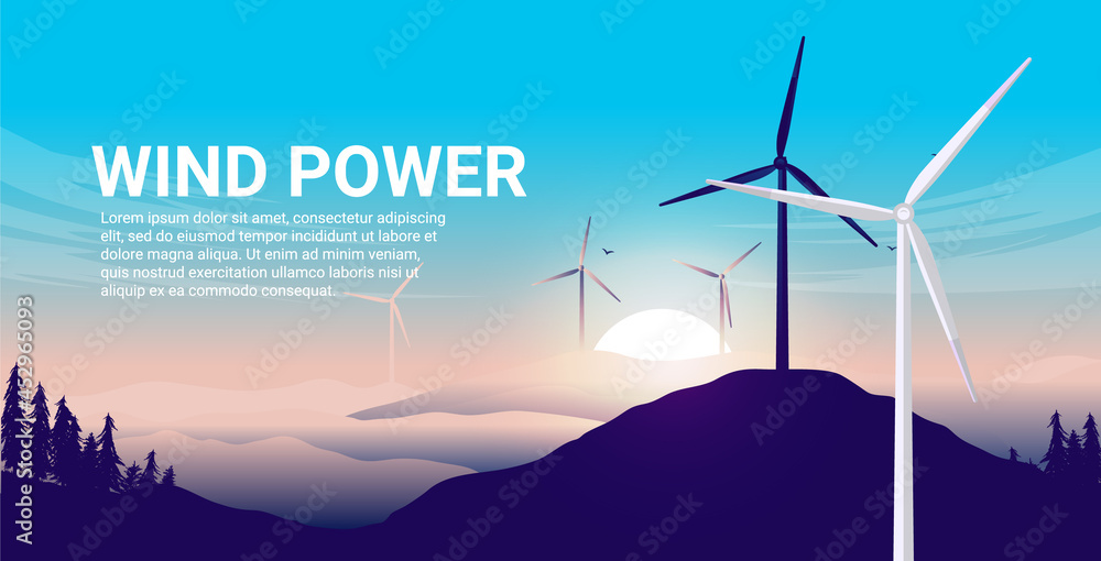 Wind power illustration - Windmills in nature landscape with sunrise ...