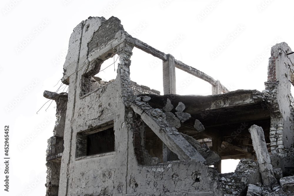 Building ruins isolated on white.Remains of the destroyed industrial ...