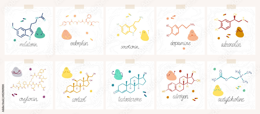 Set of cards with doodle illustration of hormones and neurotransmitters ...