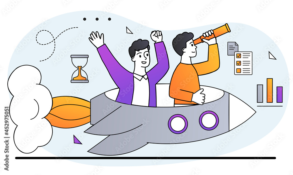Startup development concept. Businessmen fly on rockets and look future ...