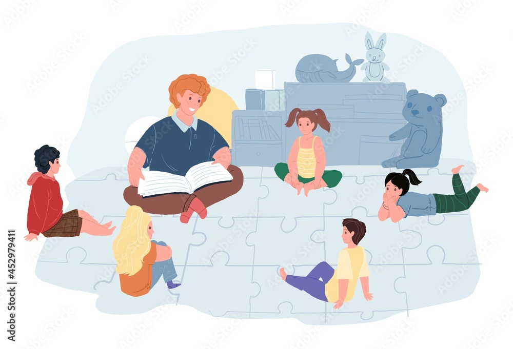 Vector cartoon flat kid characters in kindergarten listen with ...