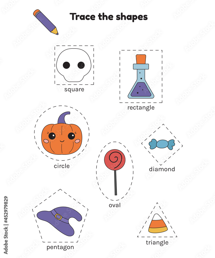 Trace line worksheet for kids. Learn geometric shapes. Halloween theme ...