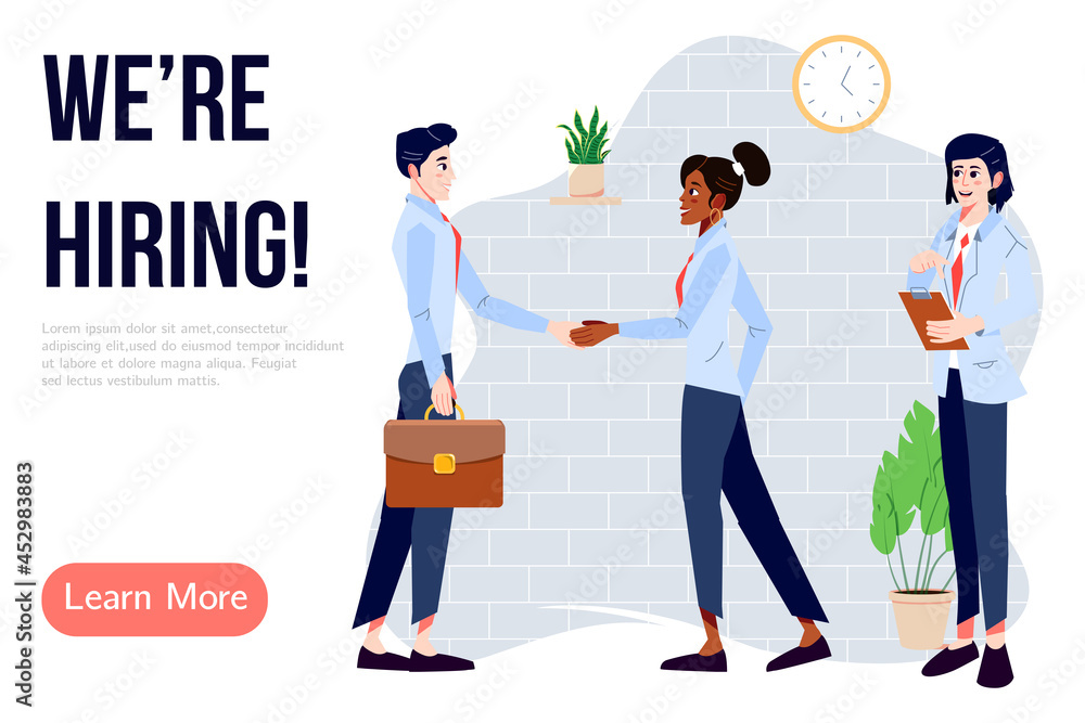 We are hiring banner design. Job vacancy vector poster. People shake ...