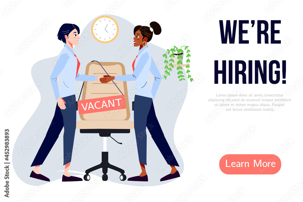 We are hiring banner design. Job vacancy vector poster. People shake ...