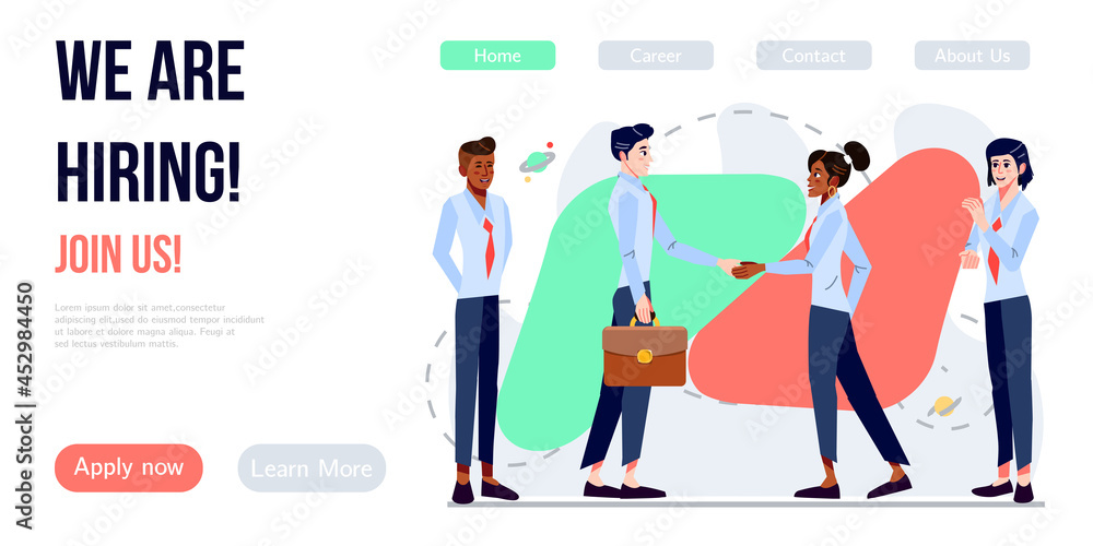 We are hiring banner design. Job vacancy vector poster. People shake ...