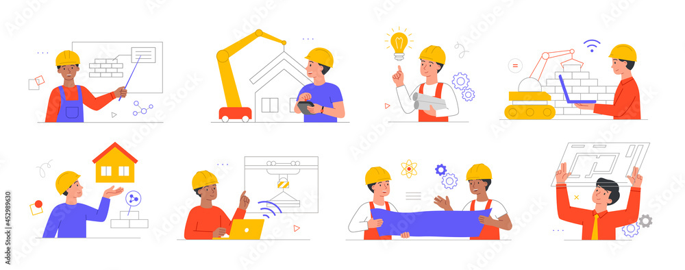 New technologies for building set of icons. Male characters build ...