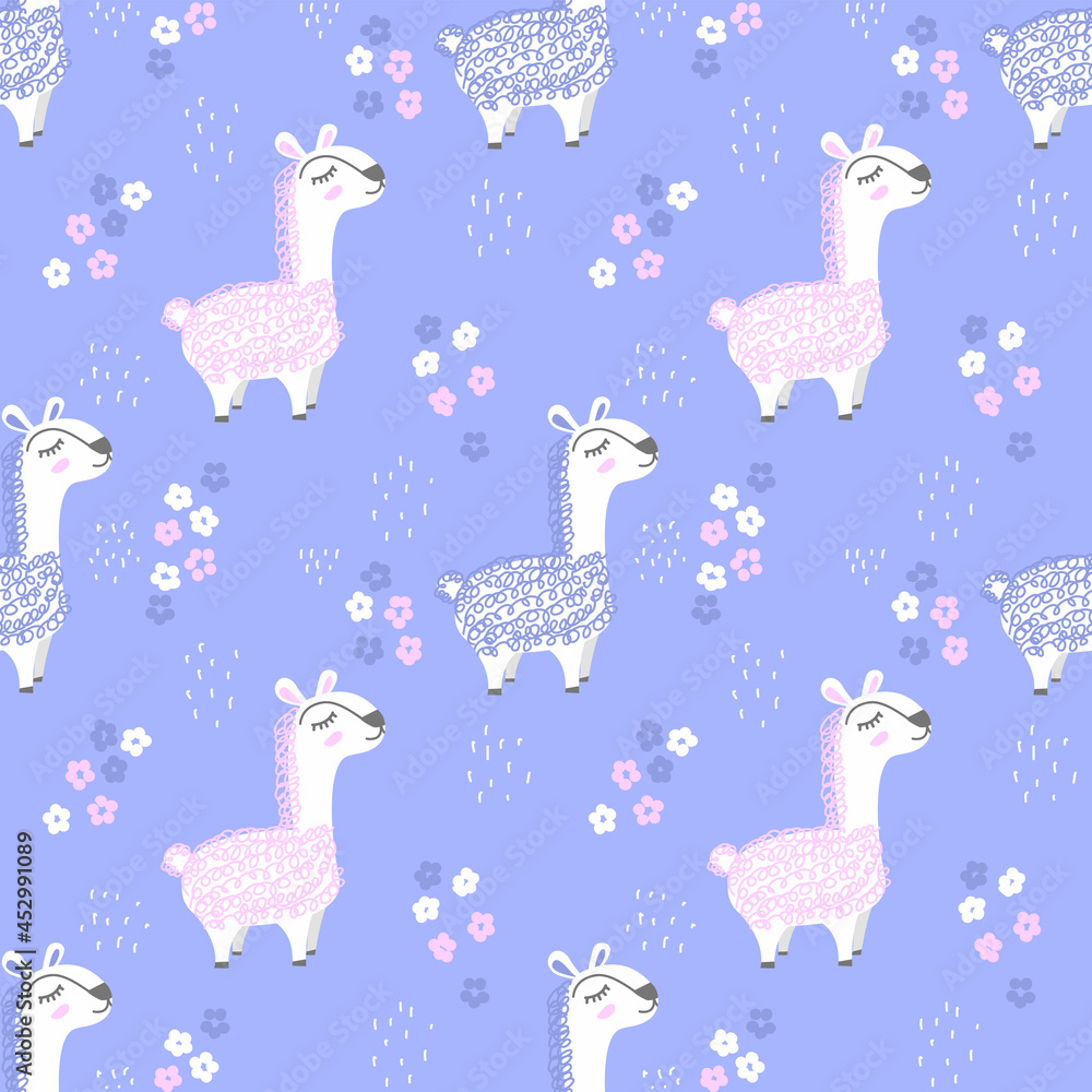 Seamless vector pattern with lamas on a lilac background. Hand drawn cute creative llamas with ...