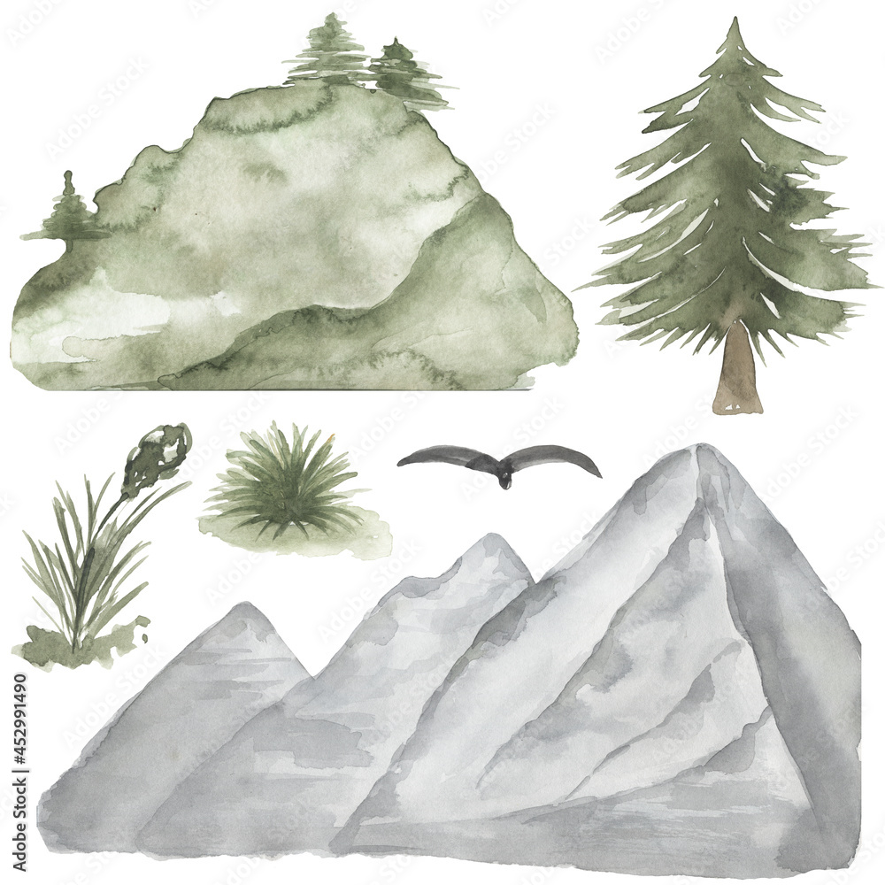 Mountains Clipart, Watercolor Forest Tree clip art, Landscapes ...
